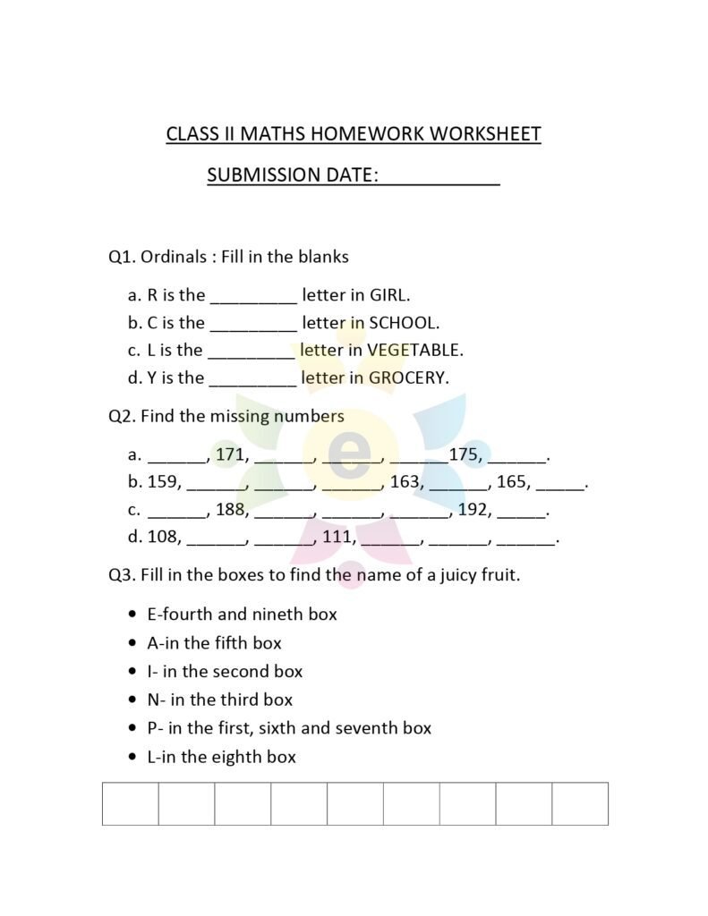 Maths Worksheet for Class-2