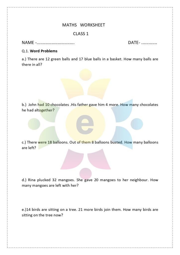 Maths Worksheet for Class-1 - Welcome to eStudyzone
